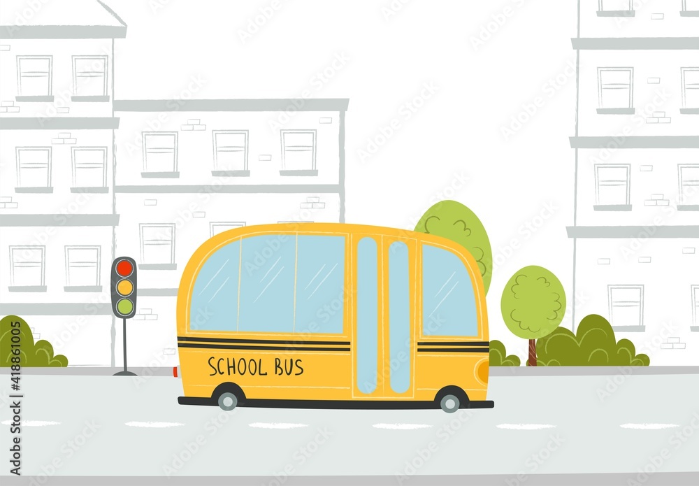 Cartoon school bus on road. Street in the city. Cute texture hand draw ...