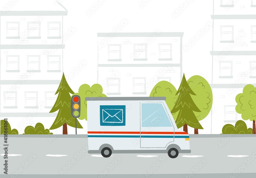 Cartoon mail truck on road. Street in the city. Cute texture hand draw ...