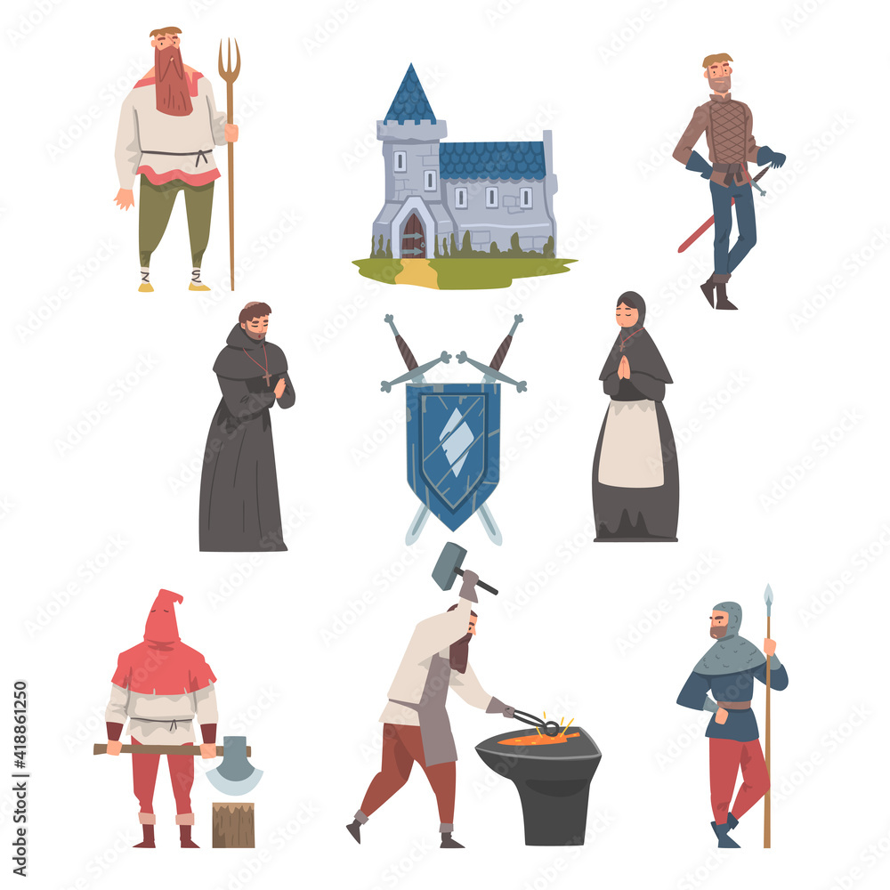 Middle Ages with Medieval People Characters, Coat of Arms and Fortress ...