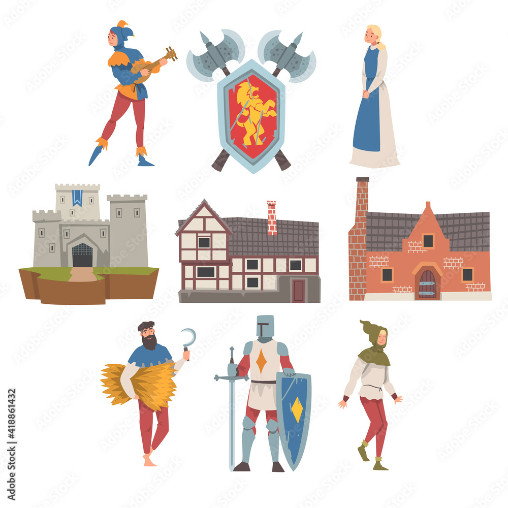Middle Ages with Medieval People Characters, Coat of Arms and Fortress ...