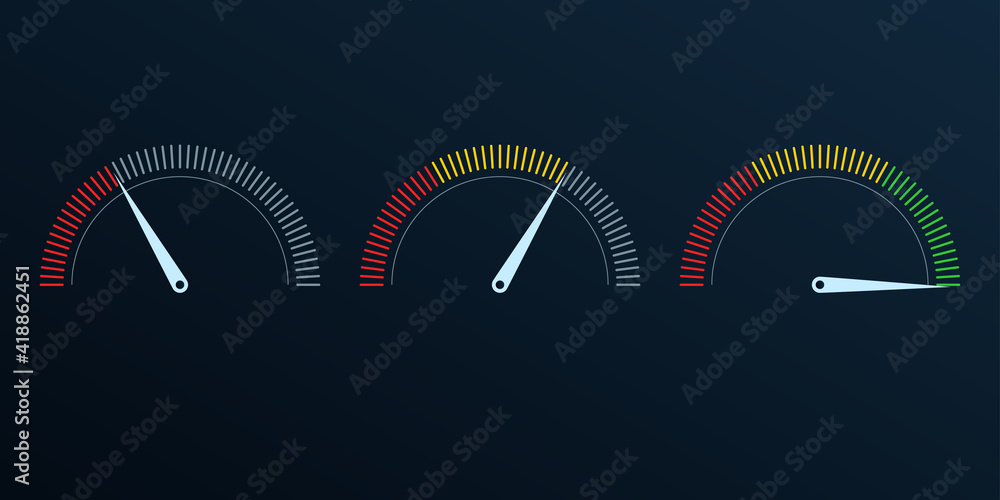 Gauge or meter indicator set. Speedometer icon with red, yellow, green ...