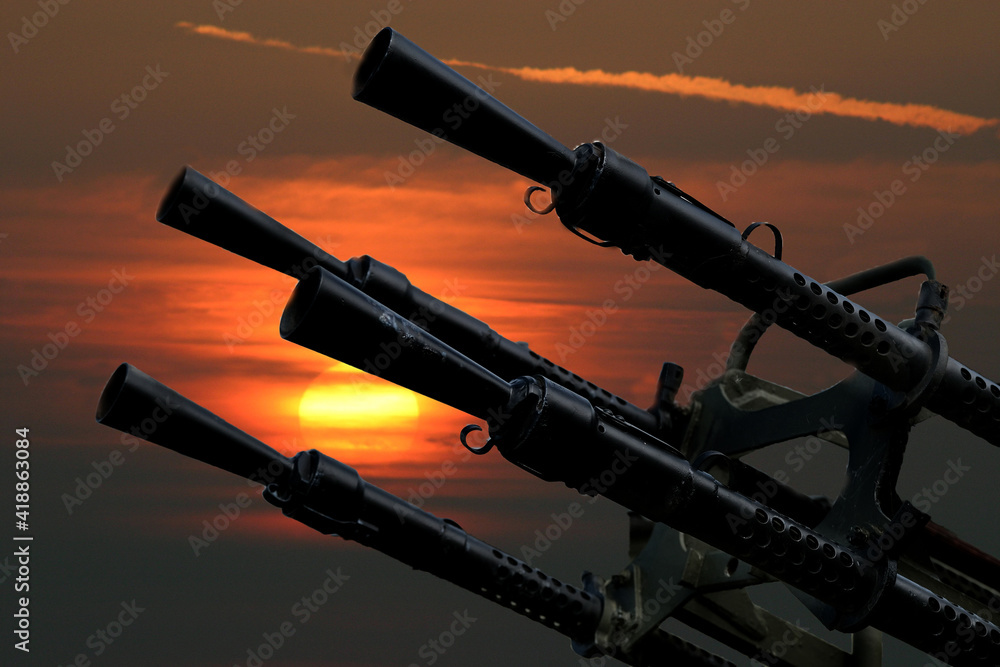 Quad barrel Russian heavy machine gun anti aircraft unit. Sky adjusted ...