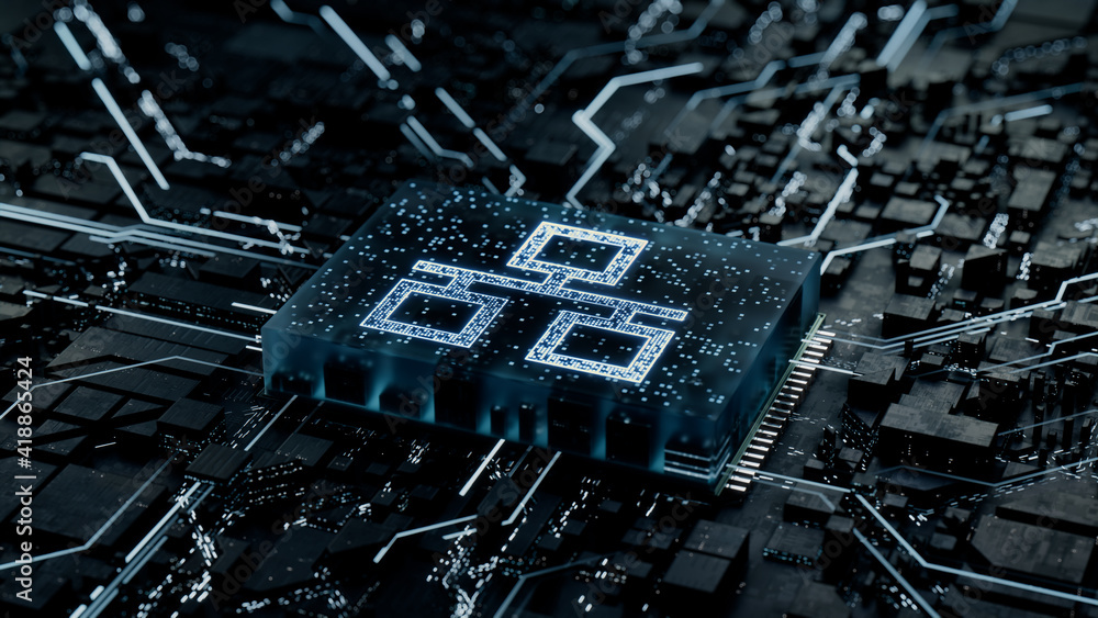 Network Technology Concept with ethernet symbol on a Microchip. Data ...
