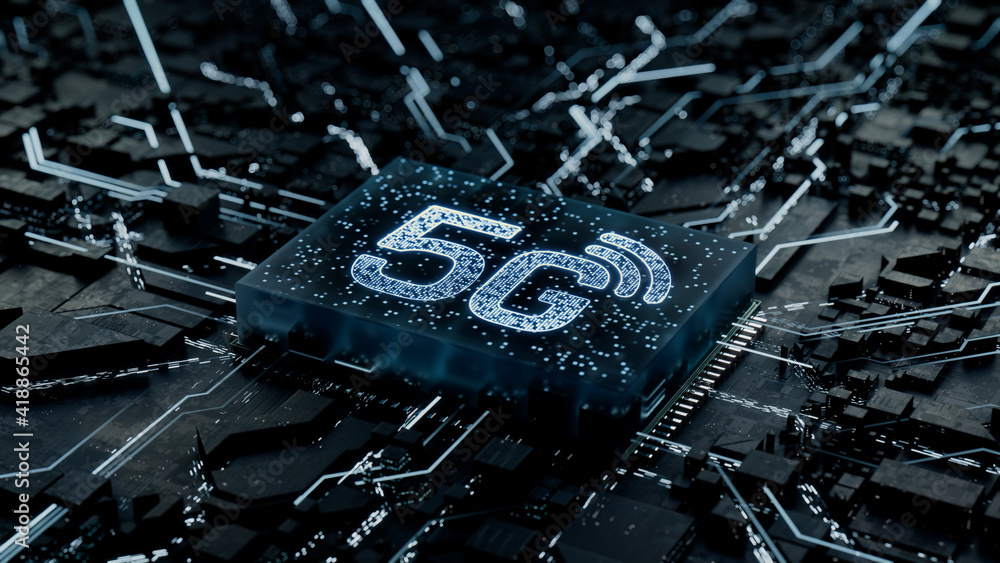 Wireless Technology Concept with 5G symbol on a Microchip. Data flows ...
