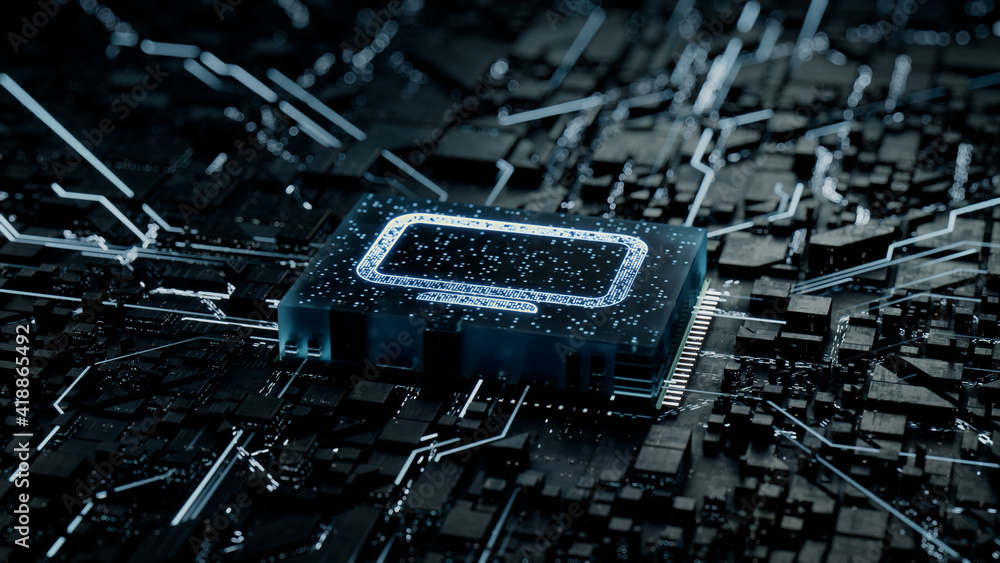 Display Technology Concept with Monitor symbol on a Microchip. Data ...