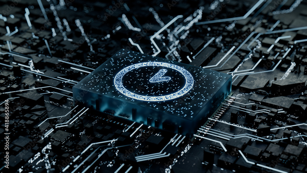 Time Technology Concept with clock symbol on a Microchip. Data flows ...