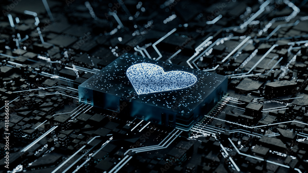 Love Technology Concept with heart symbol on a Microchip. Data flows ...