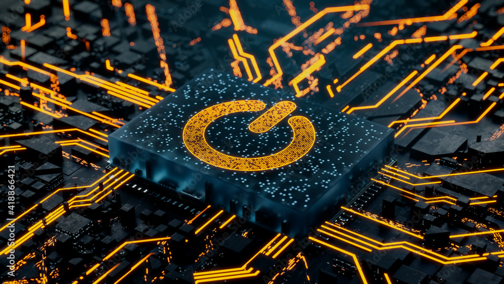 Activate Technology Concept with power symbol on a Microchip. Data ...