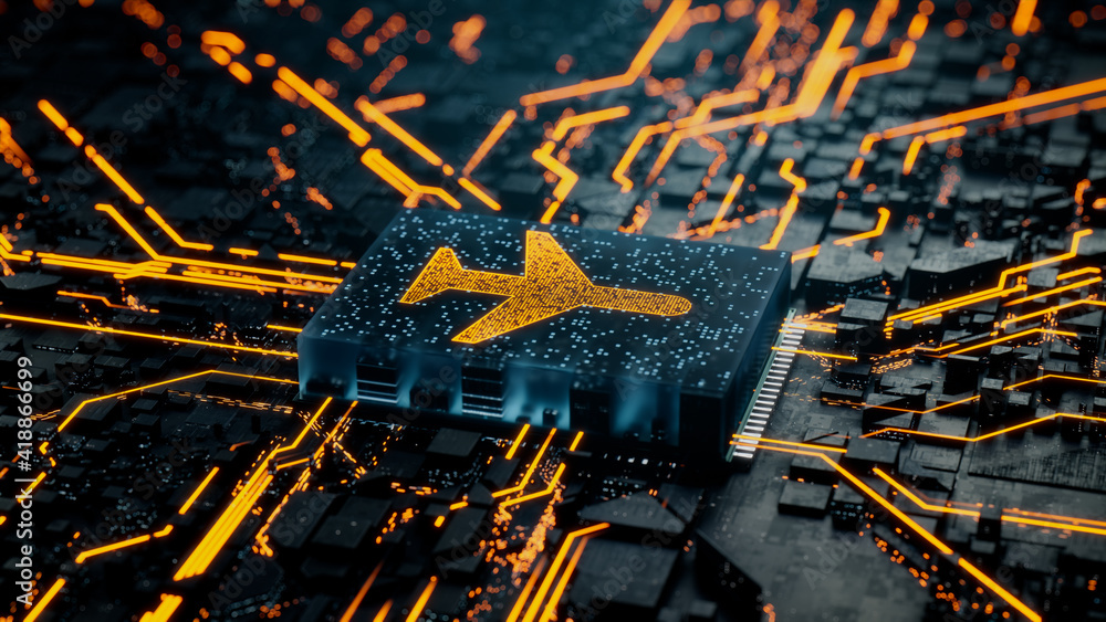 Flight Technology Concept with airplane symbol on a Microchip. Data ...
