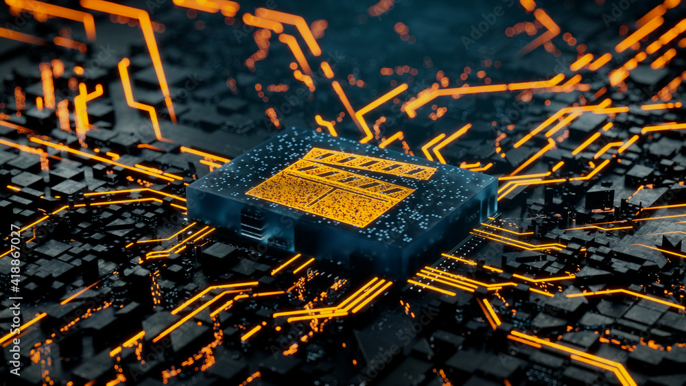 Entertainment Technology Concept with movie symbol on a Microchip. Data ...