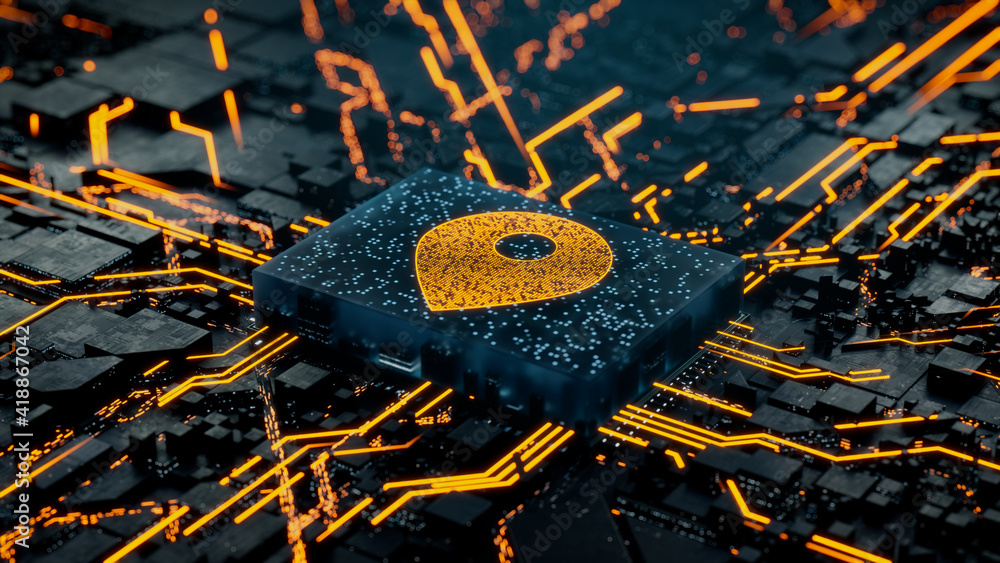 Location Technology Concept with map pin symbol on a Microchip. Data ...