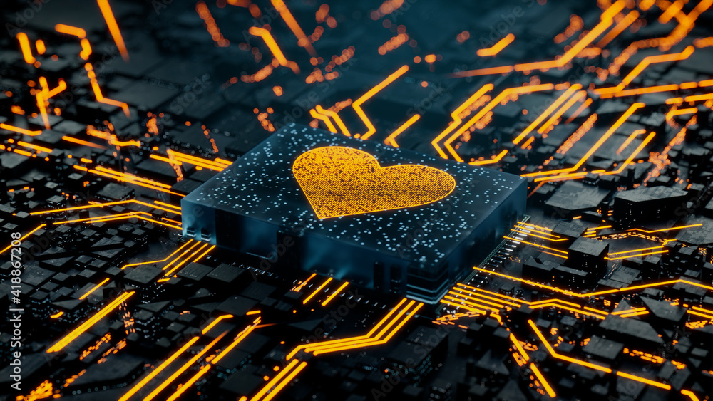 Love Technology Concept with heart symbol on a Microchip. Data flows ...