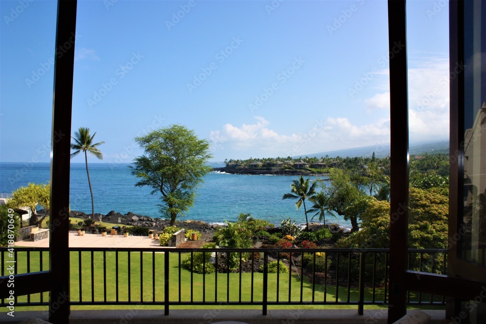 Beautiful beach with blue ocean from window in Big Island, Hawaii, USA ...
