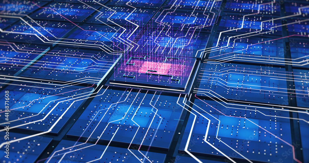 High Tech Computer Chips Processors Transmitting Data. Futuristic ...