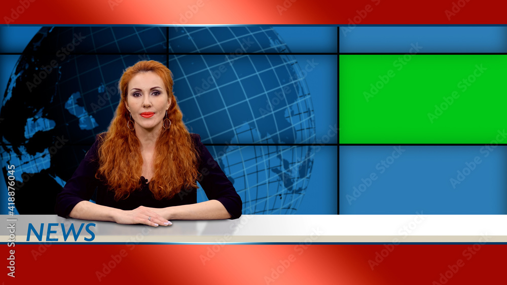 Attractive redhead news presenter in broadcasting studio with green ...