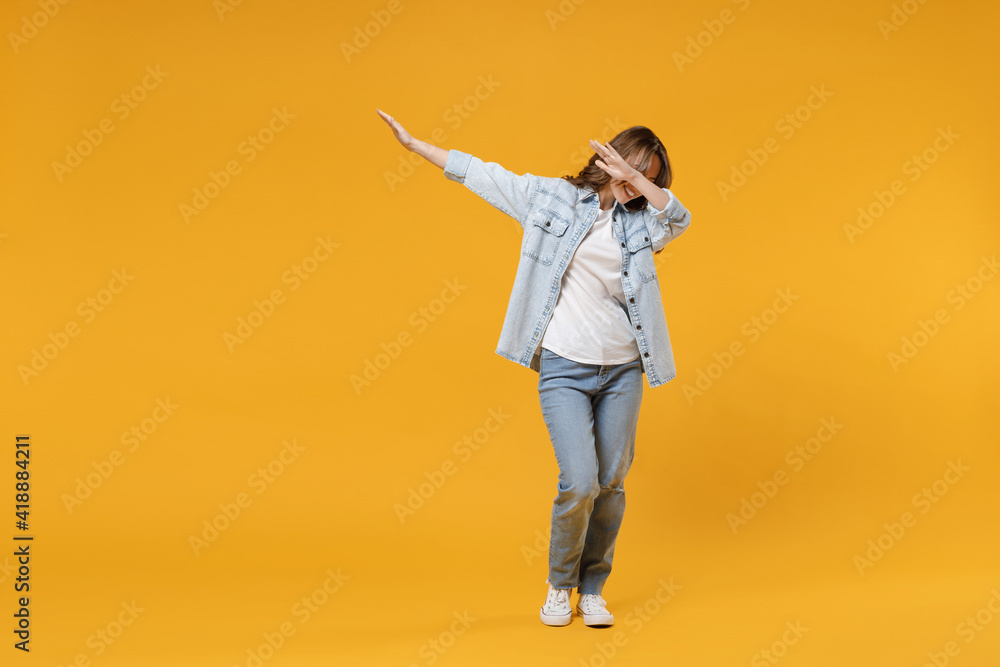 Full length of young fun student woman 20s in denim shirt white t-shirt ...