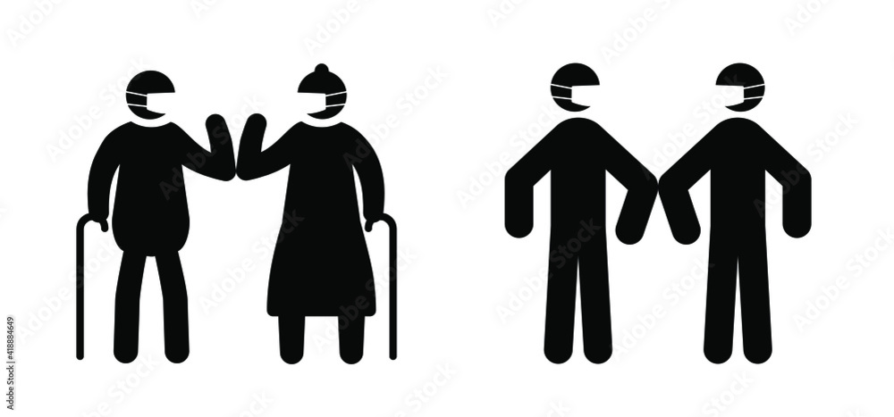 Greeting with elbows, vector icon. Stick figure man with Face mask ...