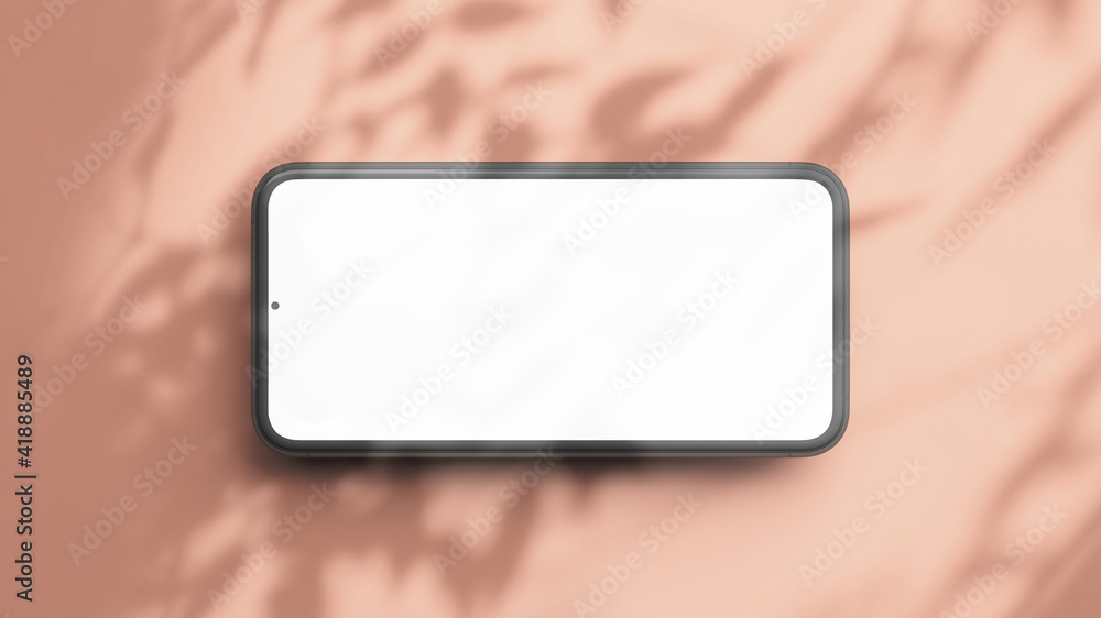 Horizontal wide screen mobile phone mockup isolated on a pink surface ...