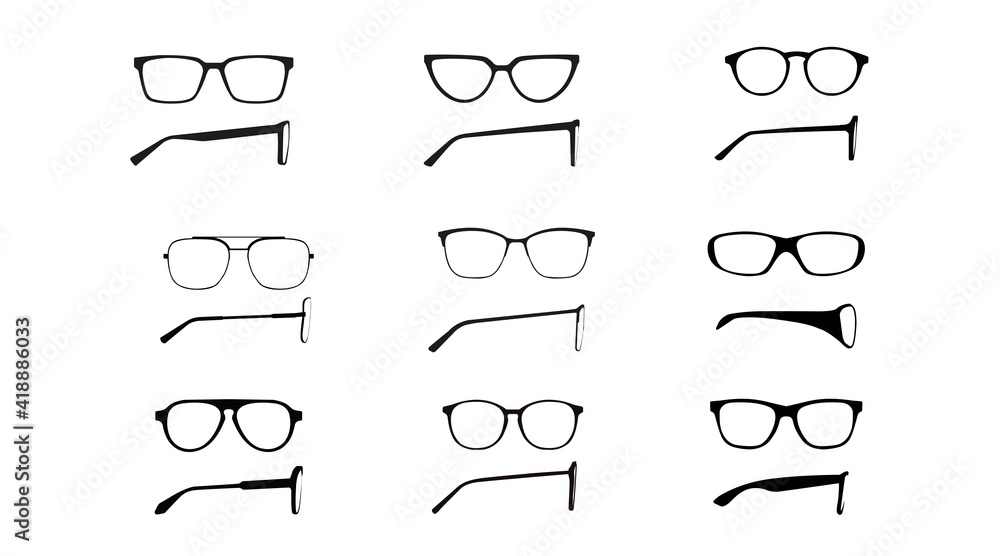 Vector isolated Illustration of a Glasses Frame Set. Set of Black ...