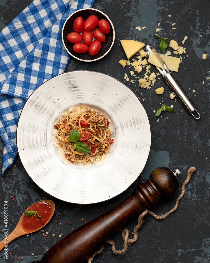 Spaghetti or pasta with bolognese sauce and Parmesan cheese. Italian ...