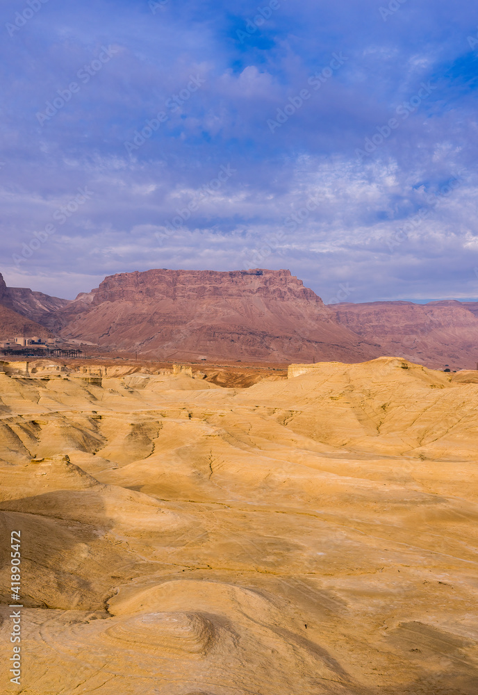 Beautiful desert landscape view towards Masada, ancient Jewish fortress ...