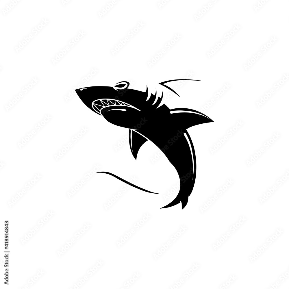 Vector illustration of a black silhouette shark. Isolated white ...