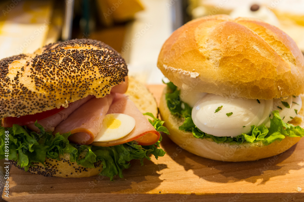Belegte Brötchen mit Wurst und Ei Stock Photo | Adobe Stock