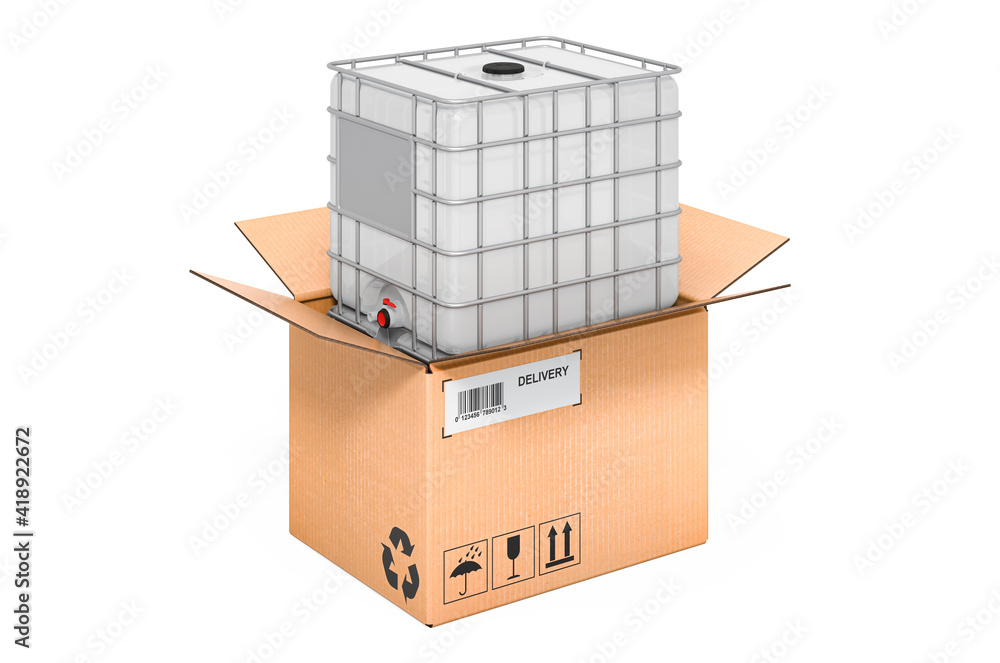 Intermediate bulk container inside cardboard box, delivery concept. 3D ...