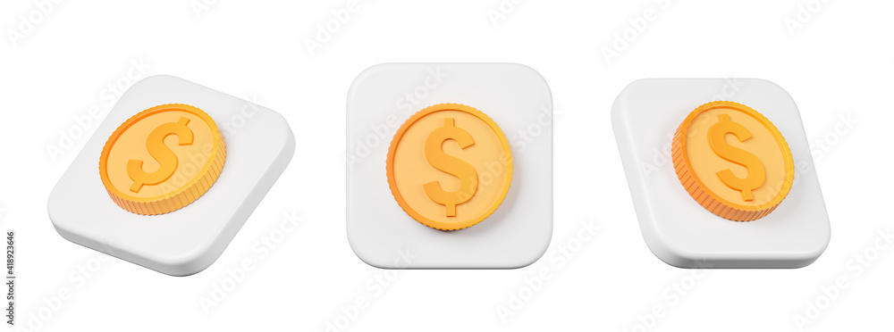 Set of three yellow dollar coin on white tile isolated over white ...