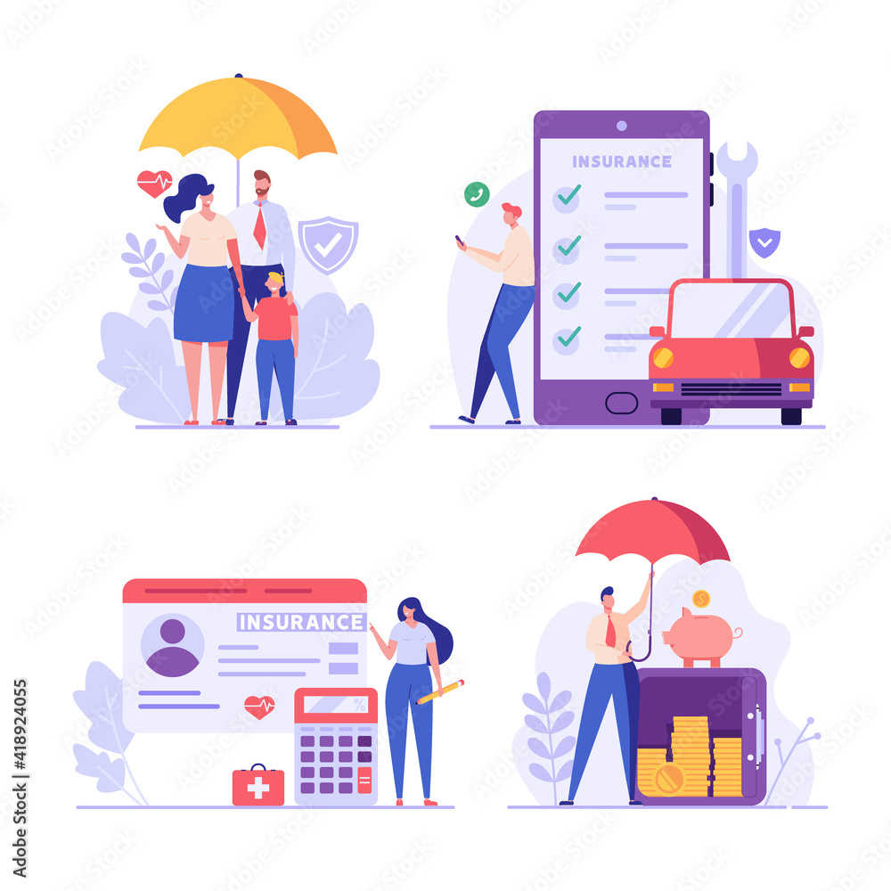 Insurance set vector. People protecting property and health. Health and ...