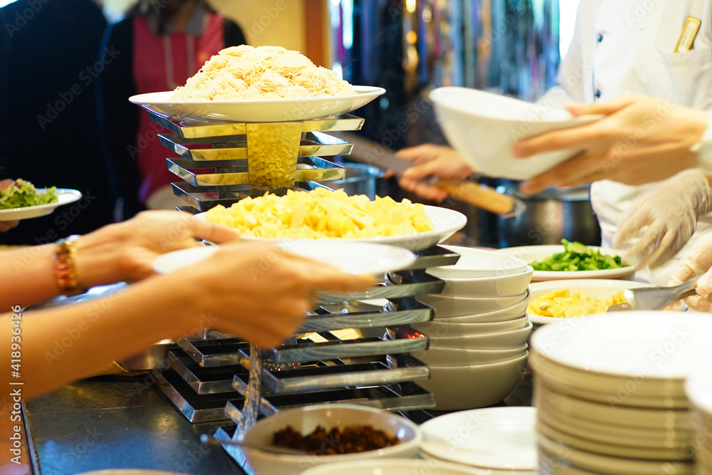 Hand of people grab buffet food self serving in hotel seminar Stock ...
