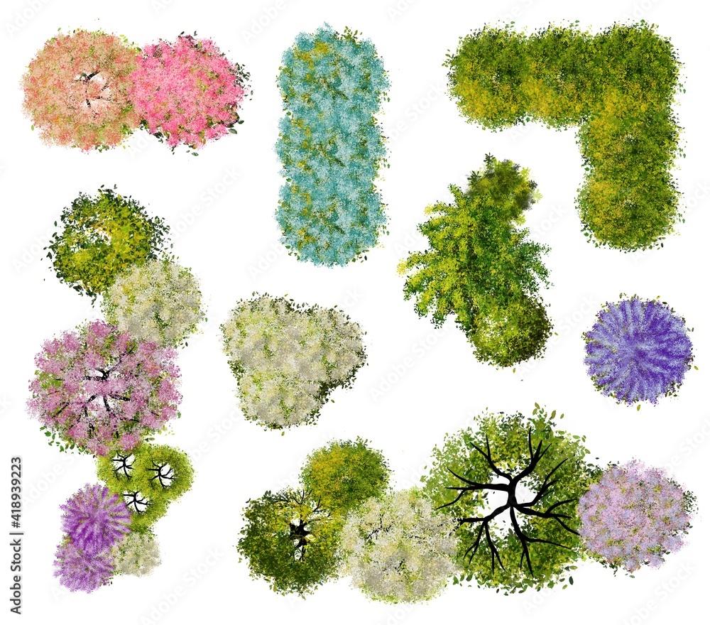 ภาพประกอบสต็อก Collection of abstract watercolor tree top view isolated ...