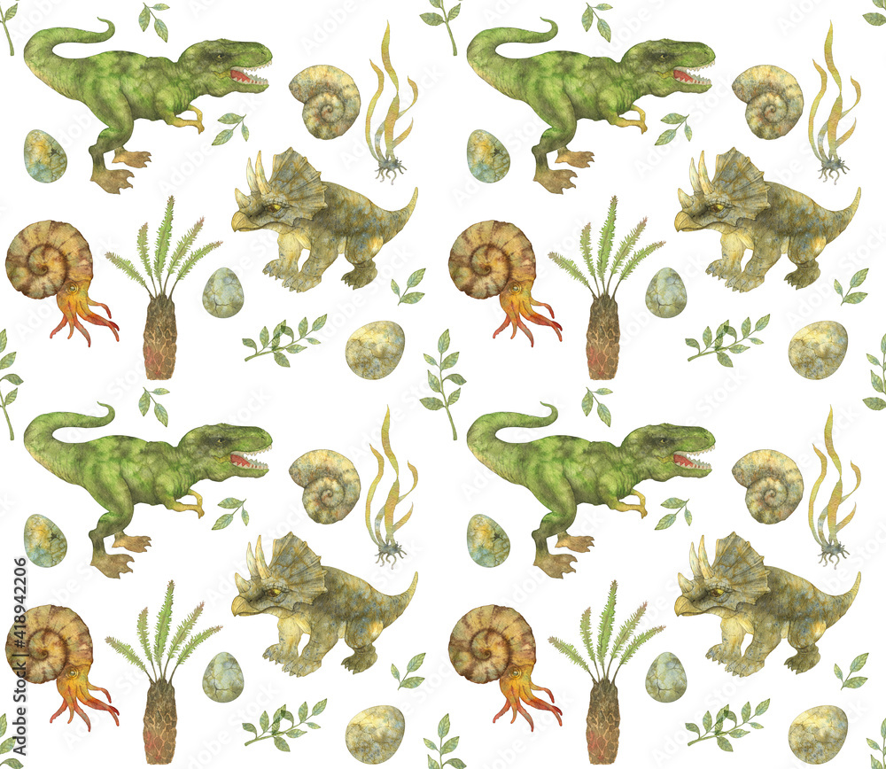 seamless dinosaurs pattern. watercolor painted illustration of ...