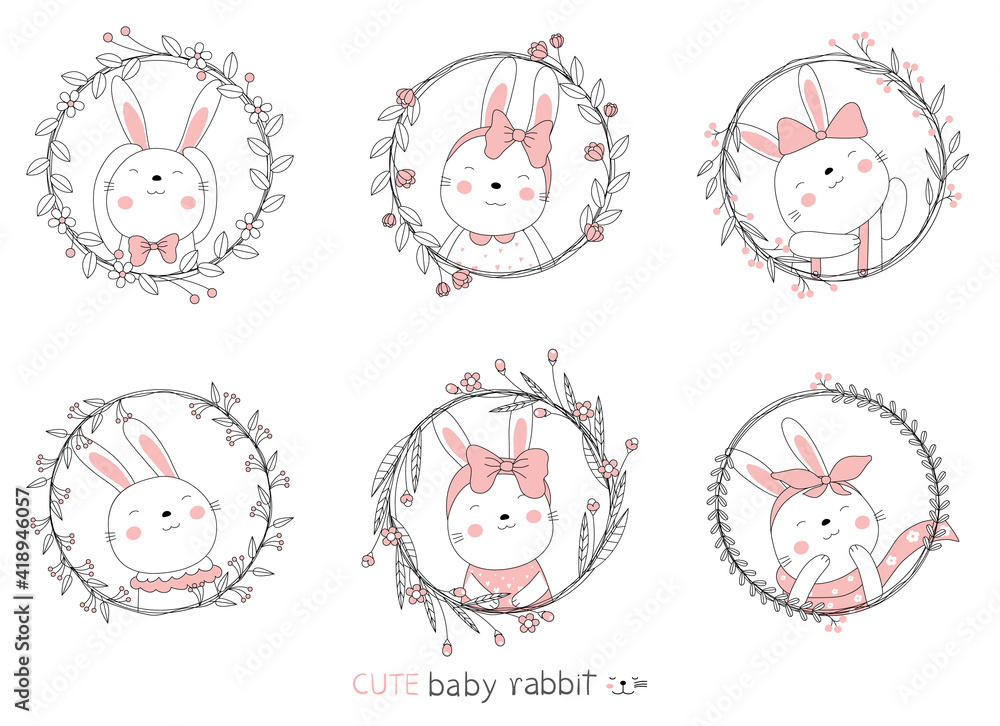 Cartoon sketch the lovely rabbit baby animals and floral frame set ...