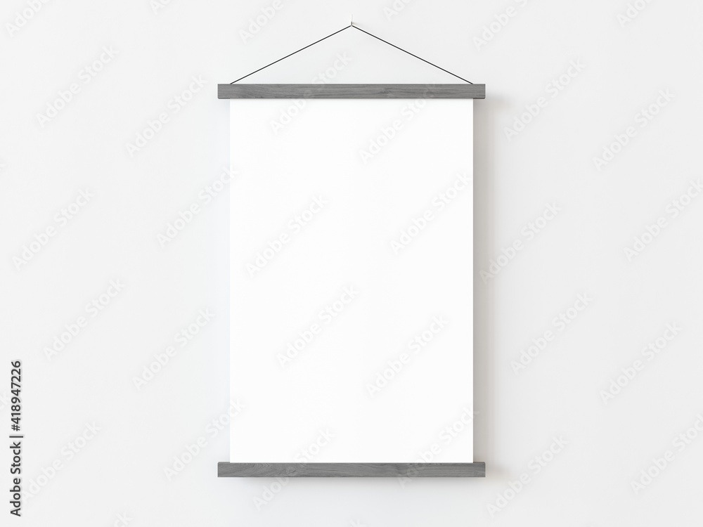 One vertical rectangle roll up poster mockup with grey wooden border ...