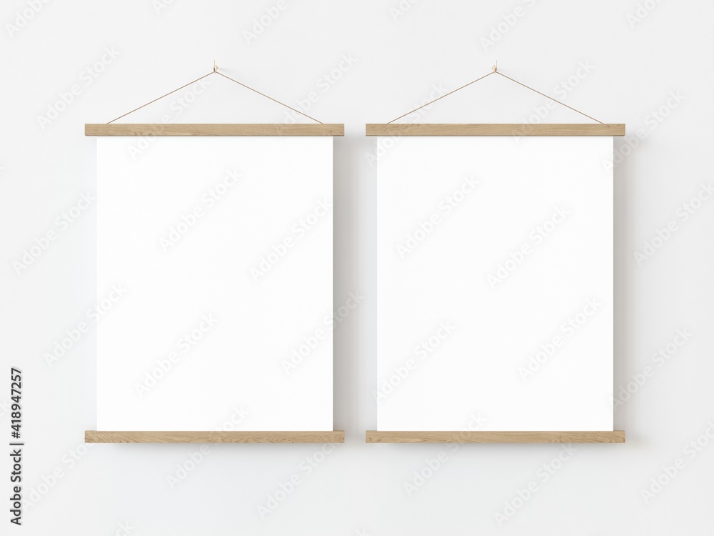 Two vertical rectangle roll up poster mockup with light wood border ...