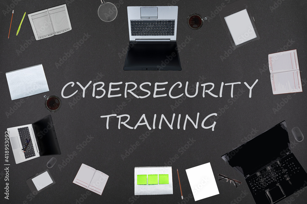Cybersecurity training concept. Top layout of drawings of laptops ...