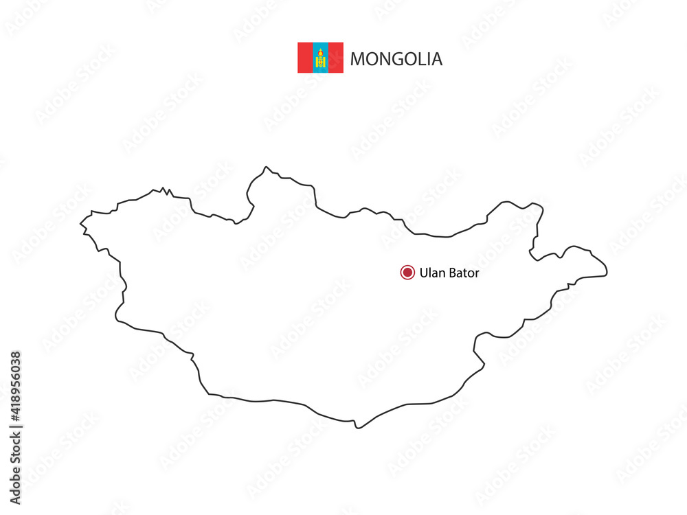 Hand draw thin black line vector of Mongolia Map with capital city Ulan ...