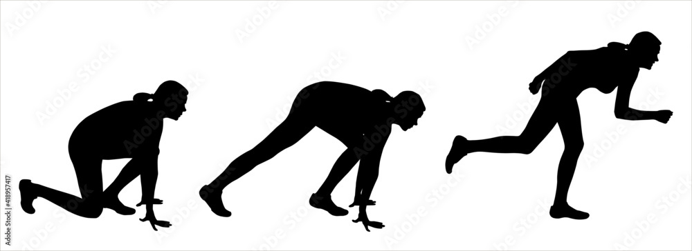 Ready, Set, Go! Runners at starting in different phases. Abstract girl ready to run. Series of ...