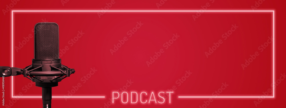 podcast red background with frame for copy space and studio microphone ...