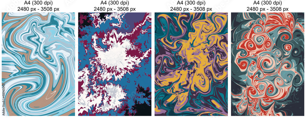 The illustration shows 4 drawings in the style of fluid art. The format ...