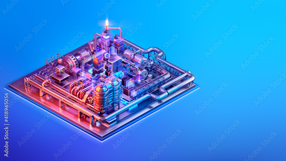 3D isometric innovative smart industry. Industry 4.0, gas oil refinery ...