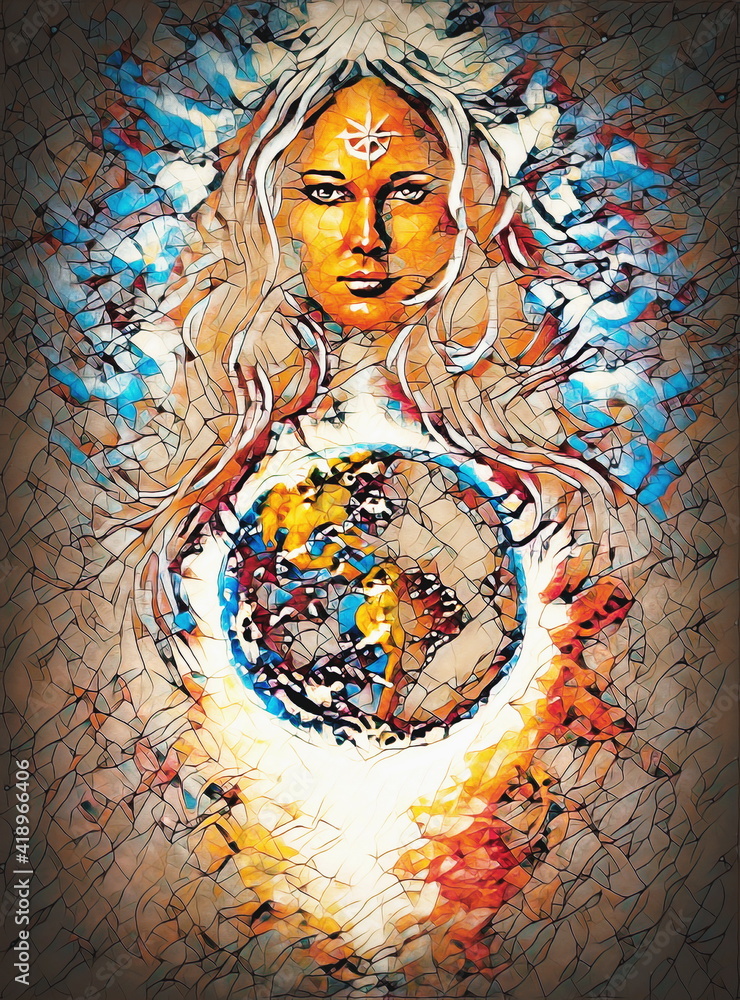 beautiful beautiful woman in star dust and protective spirit upon the ...