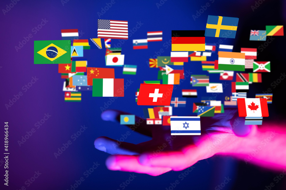 Connection lines Around map with all country flags, Futuristic ...
