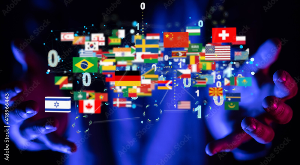 Connection lines Around map with all country flags, Futuristic ...