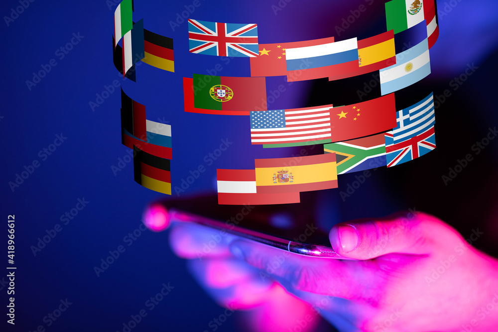 Connection lines Around map with all country flags, Futuristic ...