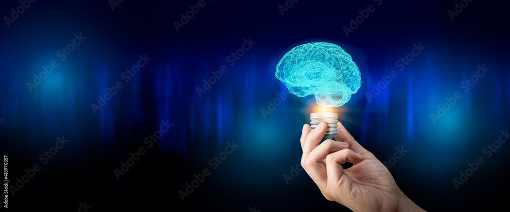 Concept of creative thinking ideas and innovation.Hand holding bulb and ...