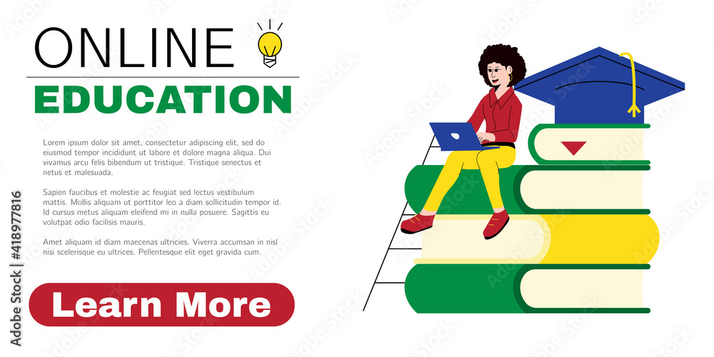 Banner for online education ad. Woman taking online courses via laptop ...