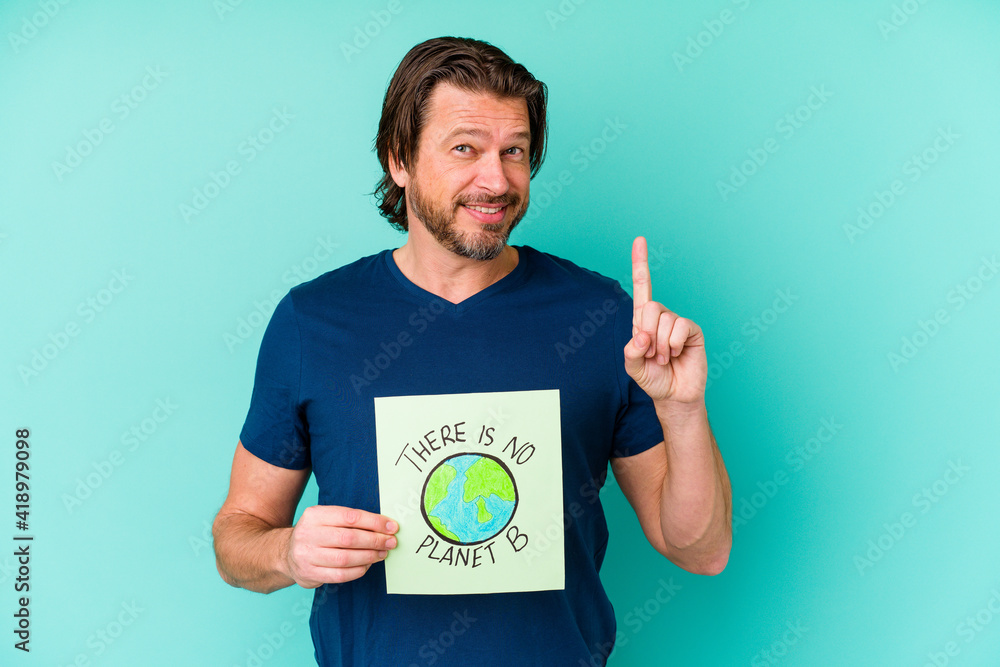 Middle age dutch man holding a there is not planet b placard isolated ...