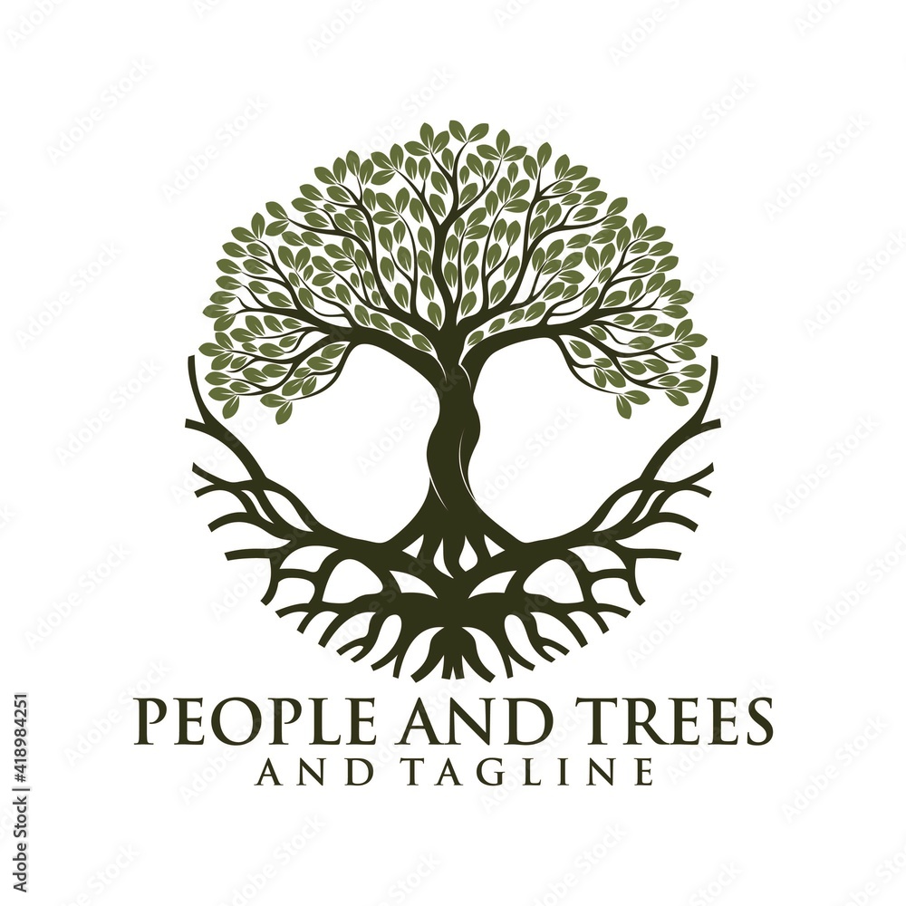 green spring tree with female face and roots on white background ...